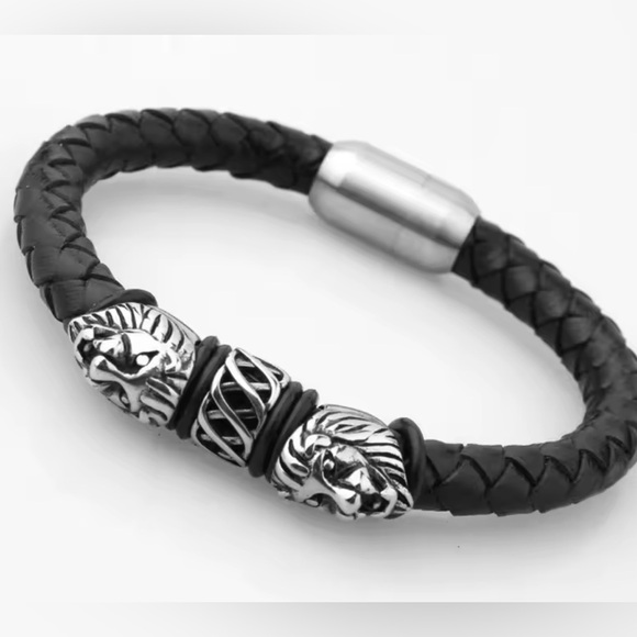 Accessories | Black Braided Bracelet With Silver Lion Accents | Poshmark